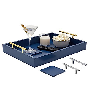 Blue Serving Tray for Coffee Table, 16x12 with Coasters, Decorative Interchangeable Gold and Silver Handles