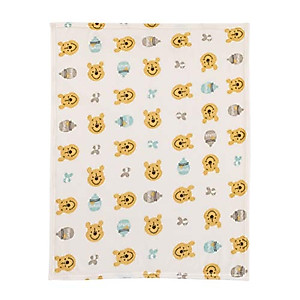 Disney Winnie The Pooh - Ivory, Yellow and Aqua Super Soft Plush Baby Blanket