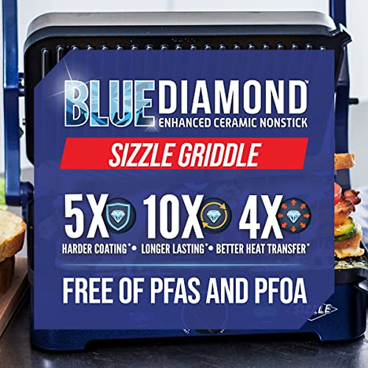 Blue Diamond Ceramic Nonstick, Electric Contact Sizzle Griddle, Open Flat Design, Dishwasher Safe Removable Plates, Adjustable Temperature Control, PFAS-Free, Blue