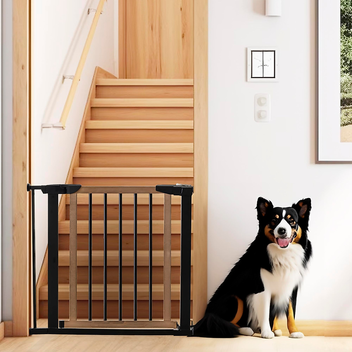 NMN Designs Logan Dog Gate - Indoor Pet Barrier and Wooden Dog Gate with Walk Through Swinging Door - Pressure Mounted for Walls and Stairs - Puppy Gates for The House - Expandable 29.5" to 51.5"