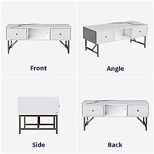 Cozy Castle Coffee Table with Drawers, 43" Mid Century Modern Coffee Table with Storage, Coffee Table with Metal Legs, Wood Small Coffee Table for Living Room, Bedroom and Office, White