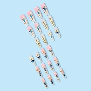 Fall Press on Nails Long Square Fake Nails with Eyeball and Butterfly Designs Acrylic Nails Autumn Glossy False Nails White Glue on Nails for Women 24PCS