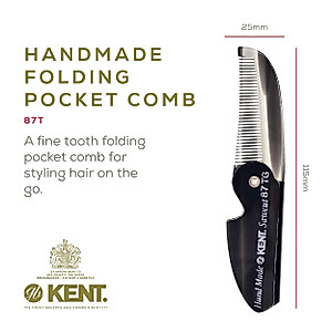 Kent 87T Graphite Handmade Folding Pocket Comb for Men, Fine Tooth Hair Comb Straightener for Everyday Grooming Styling Hair, Beard or Mustache, Saw Cut Hand Polished, Made in England