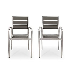Belle Outdoor Modern Aluminum Dining Chair with Faux Wood Seat (Set of 2), Gray and Silver