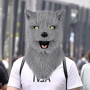 hbbhml Animal Dog Head Mask Realistic Furry Plush Tail Claw Gloves Full Wolf Masks for Halloween Party Carnival Cosplay Gray