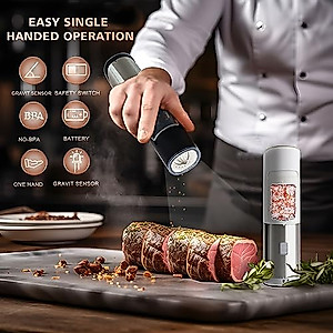 PwZzk Battery Operated Gravity Electric Salt And Pepper Grinder Mill Set With White Light Stainless Steel One Hand Automatic Operation Refillable With Adjustable Coarseness (Black&white,2 Pack)