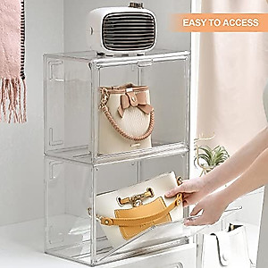 Qozary 3 Pack Handbag Purse Organizer for Closet, Clear Display Case, Stackable Plastic Storage Organizer Boxes for Handbag, Purse, Figures, Toys Collection, High-End Sunglasses, Book