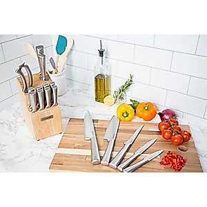 Knife Block Set - 17 Pieces - Includes Solid Wood Block, 6 Stainless Steel Kitchen Knives, Set of 8 Serrated Steak Knives, Heavy Duty Poultry Shears, and a Carbon Steel Sharpening Rod
