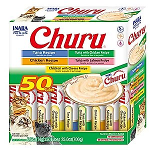 Churu INABA Cat Treats, Grain-Free, Lickable, Squeezable Creamy Purée Cat Treat/Topper with Vitamin E, Taurine, & Green Tea, 50 Servings, Tuna & Chicken Variety Box