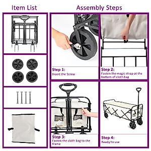 YSSOA Extended Folding Utility Wagon, 330LBS Heavy Loaded Collapsible Garden Cart with Anti-Slip Wheels, Adjustable Handle and Side Pockets, Large, White, X-Large