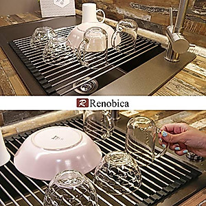 RENOBICA Roll Up Dish Drying Rack 21" x 16" - Over The Sink for Kitchen Counter, Foldable SUS304 Stainless Steel Dish Drying Rack for Cups, Utensils, Fruits, Vegetables