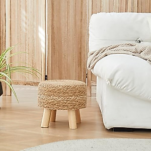 ALeesing Round Ottoman Natural Seagrass Footstool, Round Footstool with 4 Wood Legs, Hand Woven Round Footstool Sofa Stool, Multifunctional Modern Dressing Stool, Sofa Side Table for Bedroom (Nature)