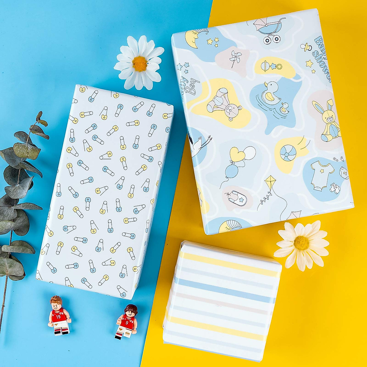WRAPAHOLIC Reversible Wrapping Paper - 24 inch X 65.6 feet Jumbo Roll Baby Boy Design, Perfect for Kids Birthday, Party, Holiday, Baby Shower Packing