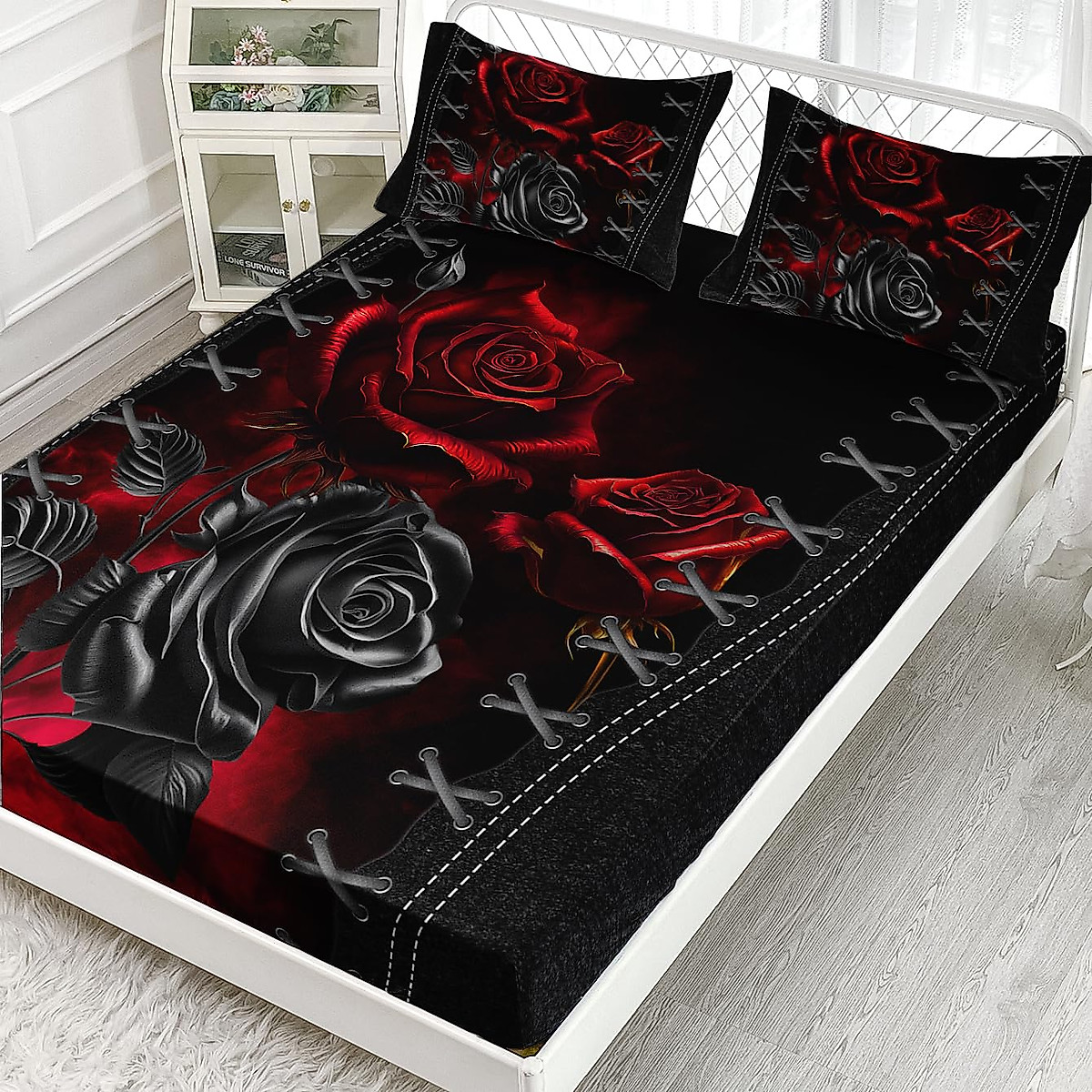 AILONEN Red Rose Fitted Sheet Full Size, 3D Red Flowers Bed Sheet Set,Romantic Floral Sheets for Girls Women Room Decor,3PCS Black Red Rose Sheet Sets,1 Fitted Sheet and 2 Pillowcases