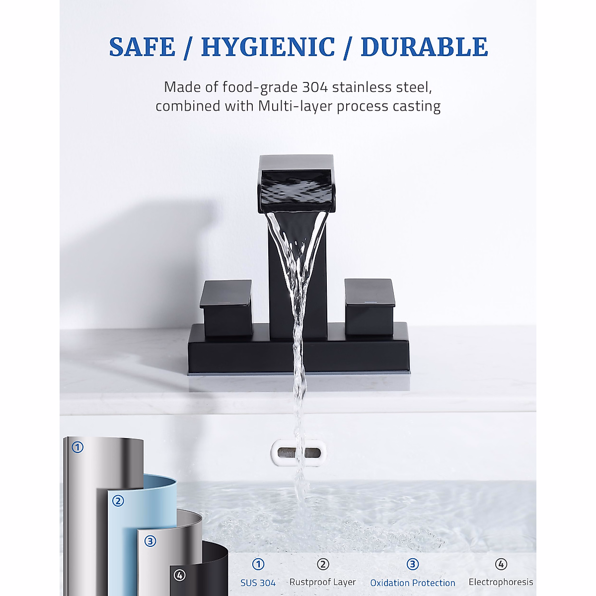 PerPaiMe Waterfall Bathroom Sink Faucet - 4 Inch Centerset Bathroom Faucet Two Handles, Matte Black Bathroom Sink Faucets for 2 or 3 Hole, Stainless Steel Vanity Faucet with Pop-Up Drain & Supply Line