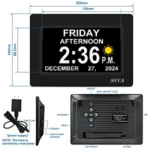 [Newest Version] 7 Inch Day Clock - 12 Alarm Options, Level 5 Auto Dimmable Display,Extra Large Impaired Vision Digital Clock with Non-Abbreviated Day & Month Alarm Clock (7 inch)