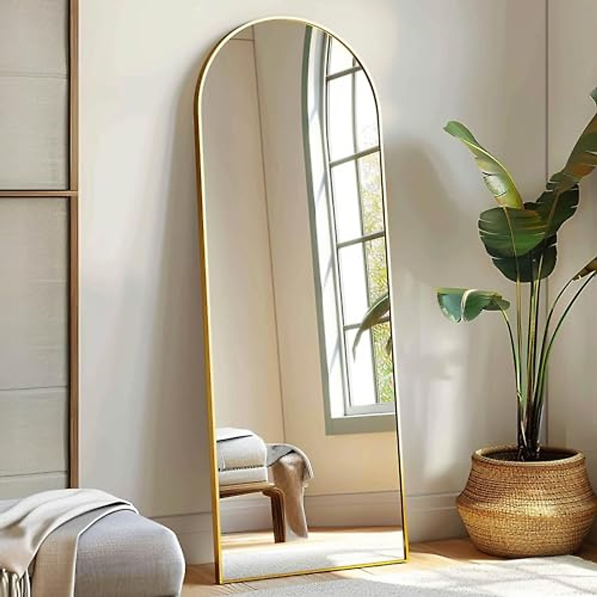 JAWGLOW Arched Full Length Mirror, 64" x 21" Free Standing Floor Mirror, Modern Full Body Mirror with Stand, Wall Mirror with Aluminum Alloy Frame for Bedroom,Living Room, Gold