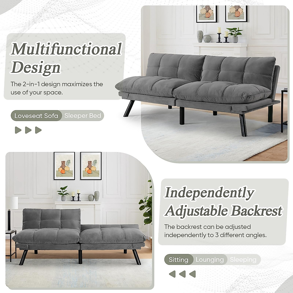 Convertible Velvet Futon Sofa Bed, Comfy 72" L Sleeper Couch with Thicker Cushion, Upholstered Modern Reclining Loveseat Folding Sofa for Small Living Room, Dorm, Apartment, Office, Light Gray