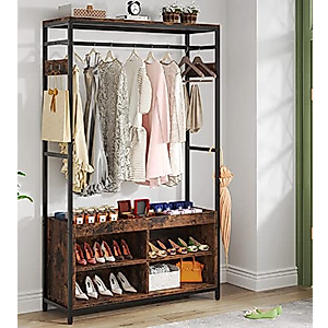 Tribesigns Freestanding Closet Organizer, Wooden Garment Rack for Hanging Clothes, Heavy Duty Wardrobe Rack with Storage, Industrial Clothing Racks with 6-Grid Organizer Box,Rustic Brown