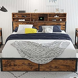 LIKIMIO Queen Bed Frame with Tall Boocase Headboard and Charging Station, Sturdy and No Noise Platform Bed, No Box Spring Needed, Easy Assembly, Vintage Brown