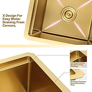 LQS Kitchen Sink Drain Strainer Assembly and Gold Undermount Bar Sink, RV Sink, Handmade Stainless Steel Bar Sink 15" x 17", 16 Gauge Workstation Sink