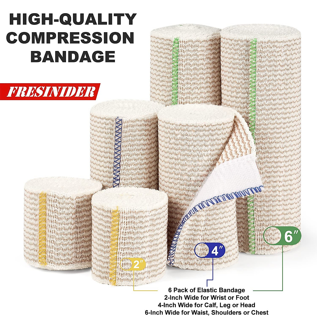 FRESINIDER Premium Elastic Bandage Wrap, 6 pack (2x2", 2x4", 2x6") Cotton Compression Bandage with Touch Closure at Both Ends, Support & First Aid, Medical, and Injury Recovery