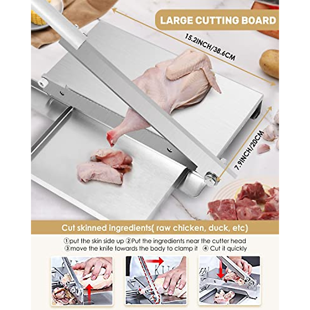 Moongiantgo Manual Meat Bone Cutter Rib Slicer Heavy Duty Chicken Cutting Machine with 16 Inch Knife SUS Bone Chopper for Beef Goat Pig Fish Butcher Commercial Kitchen (KD0298)