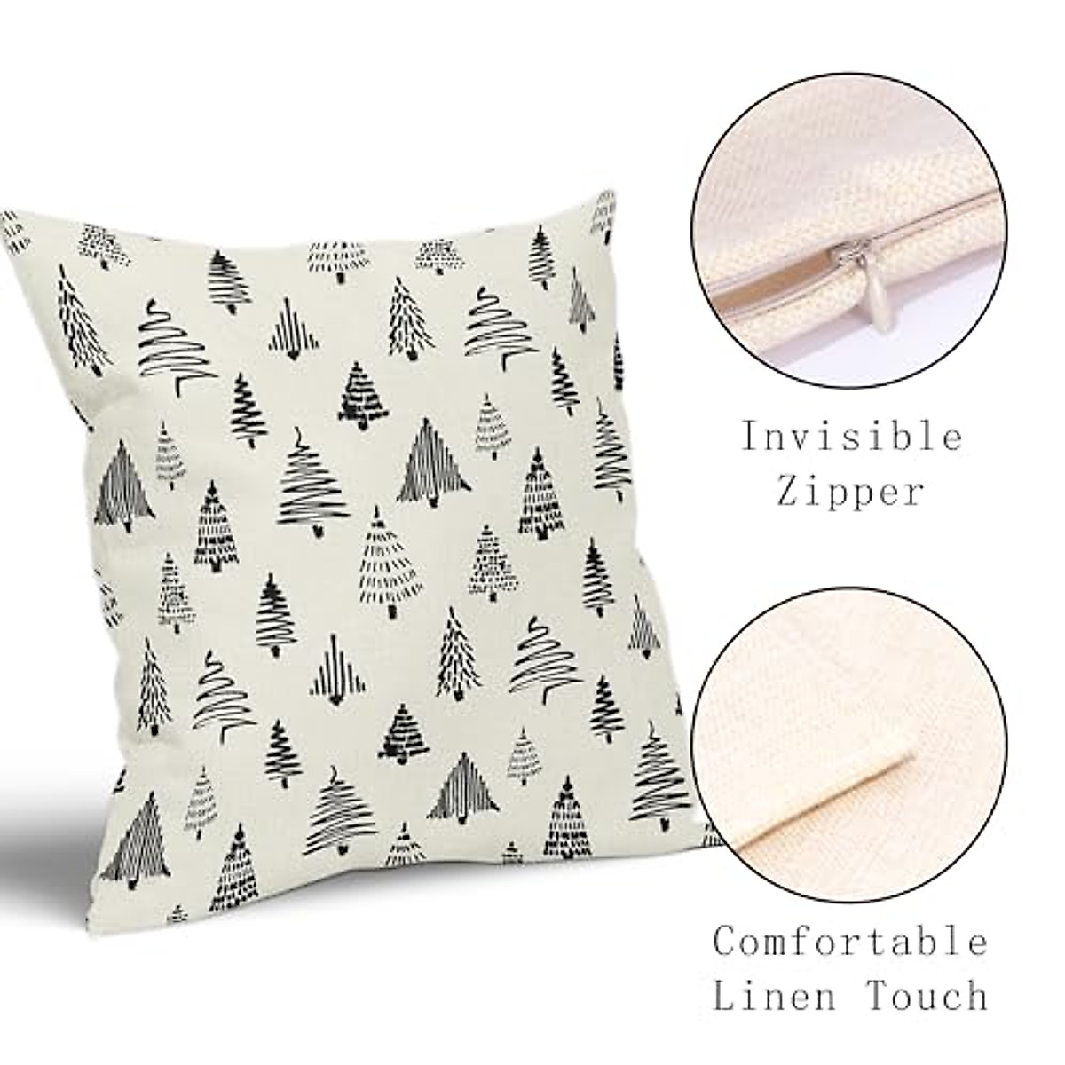 Pine Trees Christmas Pillow Covers 18X18 Inch Black Christmas Tree White Decorative Square Pillow Cases Set of 2 Xmas Cotton Linen Cushion Case Holiday Winter Home Decor For Sofa Room Porch Outdoor
