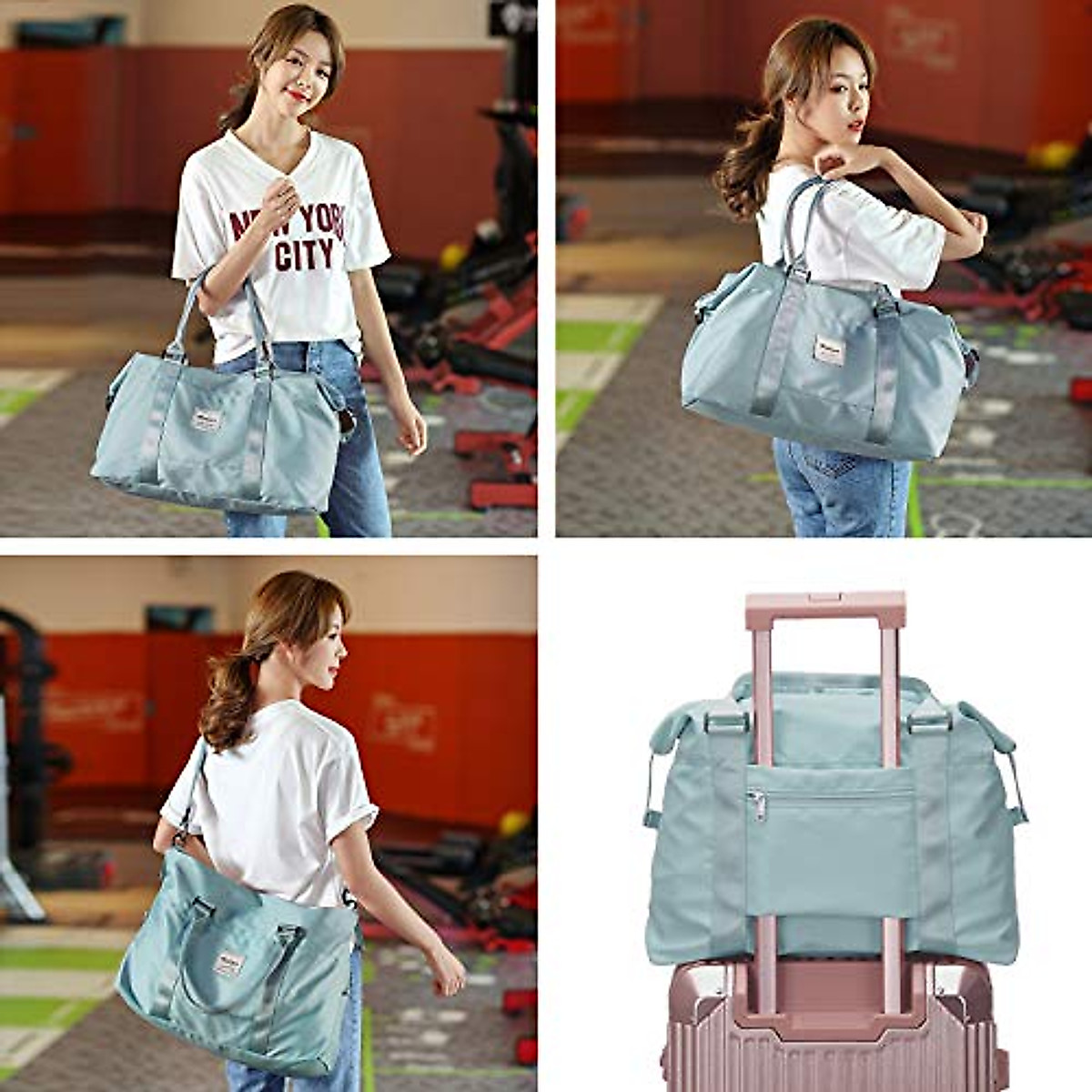 Sports Gym Bag Tote Bag for Men Women, Travel Duffel Bag with Wet Pocket, Shoulder Weekender Overnight Bag,Light Blue