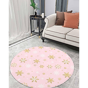 Blush Pink Snowflake Fluffy Round Area Rug Carpets 3.3ft, Plush Shaggy Carpet Soft Circular Rugs, Non-Slip Fuzzy Accent Floor Mat for Living Room Bedroom Nursery Merry Christmas Romantic Gold White