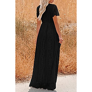 PRETTYGARDEN Women's Floral Lace Maxi Dress 2023 Short Sleeve V Neck Bridesmaid Wedding Evening Party Dresses(Black,X-Large)