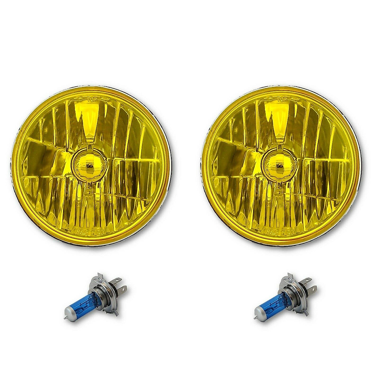 Octane Lighting 7 Inch H6024/6014 Yellow Amber Crystal Glass Headlight H4 Halogen Fog Light Pair