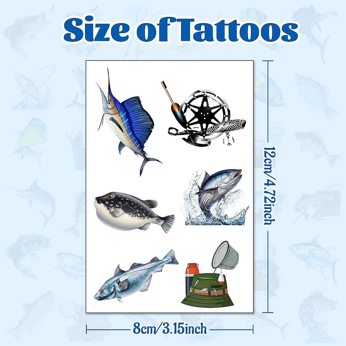 20 Sheets(120PCS) Gone Fishing Fish Temporary Tattoos Gone Fishing Party Favor for Birthday Party Supplies Fishing Party Decorations, Fathers Day, Retirement, Baby Shower for Kids Boys Adults