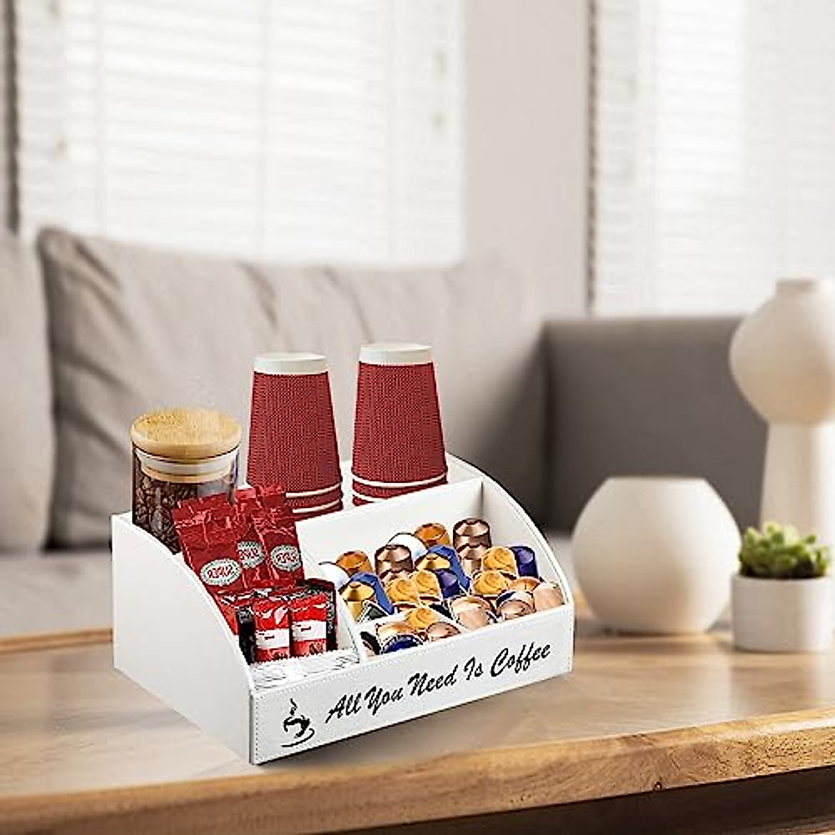 Militwo PU Leather Coffee Station Organizer, Countertop Coffee Bar Accessories Tea Bag Organizer Coffee Pods Drawer Holder and Organizer for Coffee Bar Decor, Coffee Lovers Gift White