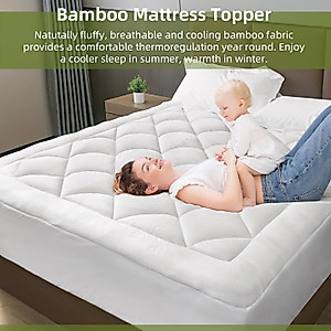 Bamboo Cooling Mattress Topper Queen Size, Mattress Pad Quilted with 600GSM Down Alternative Fill with a Deep Pocket for a Luxurious Sleep Experience (Queen, 60" x 80")