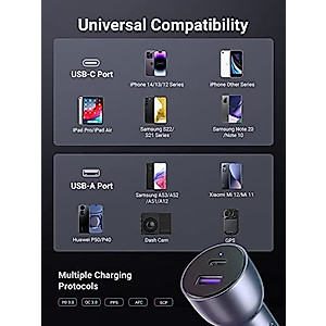 UGREEN USB C Car Charger, 52.5W Type C Car Charger PD 30W&QC 18W, Fast Car Charger Adapter Compatible with iPhone 14/13/12/11, iPad Pro/Mini/Air, Galaxy S23/S22/S21/S20/S10/Note 20, Pixel 7/6/5