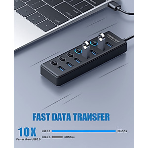 VANOTOM USB 3.0 Hub, 7-Port USB Hub Splitter with LED Individual On/Off Switches and 3ft Extended Long Cable for Laptop, MacBook, Surface Pro, PS4/5, Flash Drive, HDD