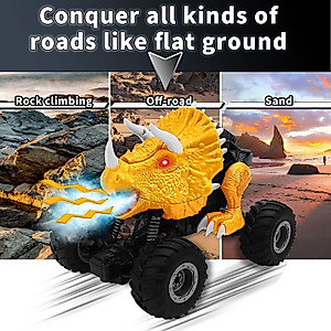 Bravepal Remote Control Stunt Dinosaur Car - 360° Rotation Off Road Monster 2.4 GHz RC Trucks Toy, 2 Rechargeable Batteries RC Car with Sound Effects, Flash Roar Spray and Lights for Boys Girls