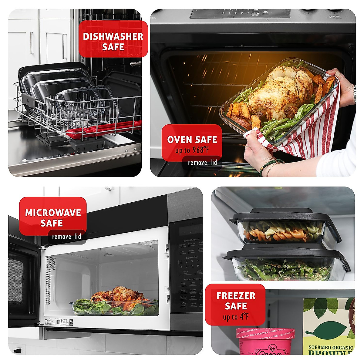 Eatex 4-Pack Glass Food Storage Containers with Lids, Baking Pans Set, Glass Baking Dishes for Oven | Leakproof Casserole Dish Lasagna Pan, Kitchen Serving Dishes| Oven Microwave Freezer Safe Bakeware