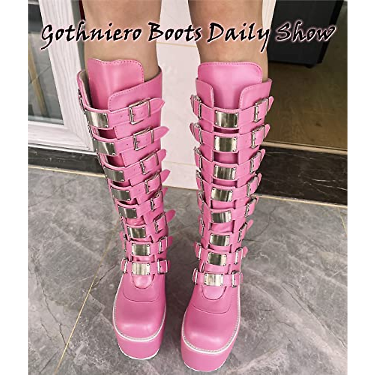 Gothniero Platform Boots Pink Goth Boots Chunky Heel Gothic Holographic Booties Knee High Women Combat Motorcycle Boots with Buckles Size 5-11