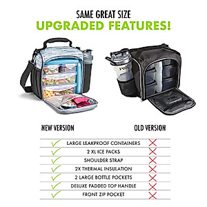 Fit & Fresh JAXX, 9pc Meal Prep Lunch Bag, Gray, Unisex, Polyester, Large Capacity, Insulated, With Containers, Ice Packs, Shaker Bottle