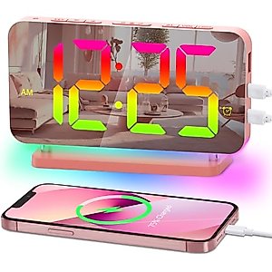 Poeroa RGB Digital Alarm Clock,7.4 in LED Desk Clock with Night Light,USB C Charger Port,Auto Dimming,Acrylic Mirror Clock for Teens Girl Adults Bedroom Decor - Pink