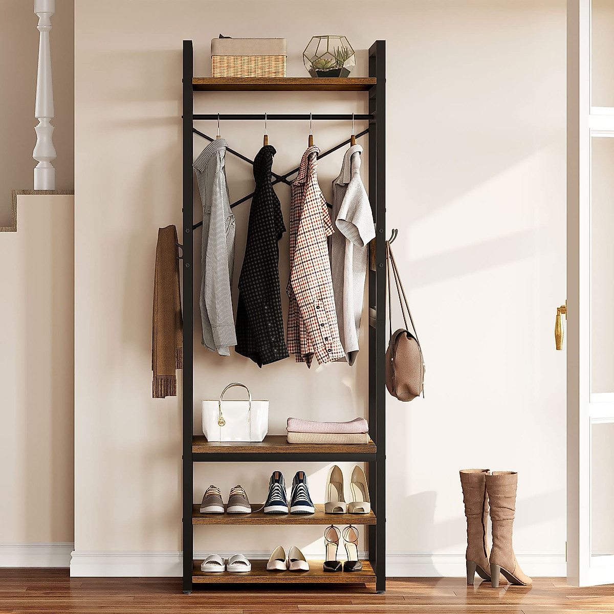 YITAHOME Small Heavy Duty Clothes Rack with Storage Shelves and Hanging Rod, Industrial Hall Tree Garments Rack, Freestanding Closet Organizer for Small Space, Entryway, Bedroom, Rustic Brown
