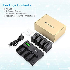 Powerextra 4 Pack Batteries and 4-Channel Charger for Sony NP-F970, NP-F960, NP-F950, NP-F930, NP-F770, NP-F750, NP-F570, NP-F550