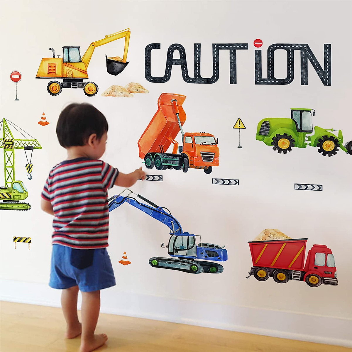 Mfault Baby Boys Construction Caution Vehicle Wall Decals Stickers, Large Trucks Tractor Excavator City Nursery Playroom Decorations Kids Room Art, Classroom Bedroom Home Decor Birthday Gift