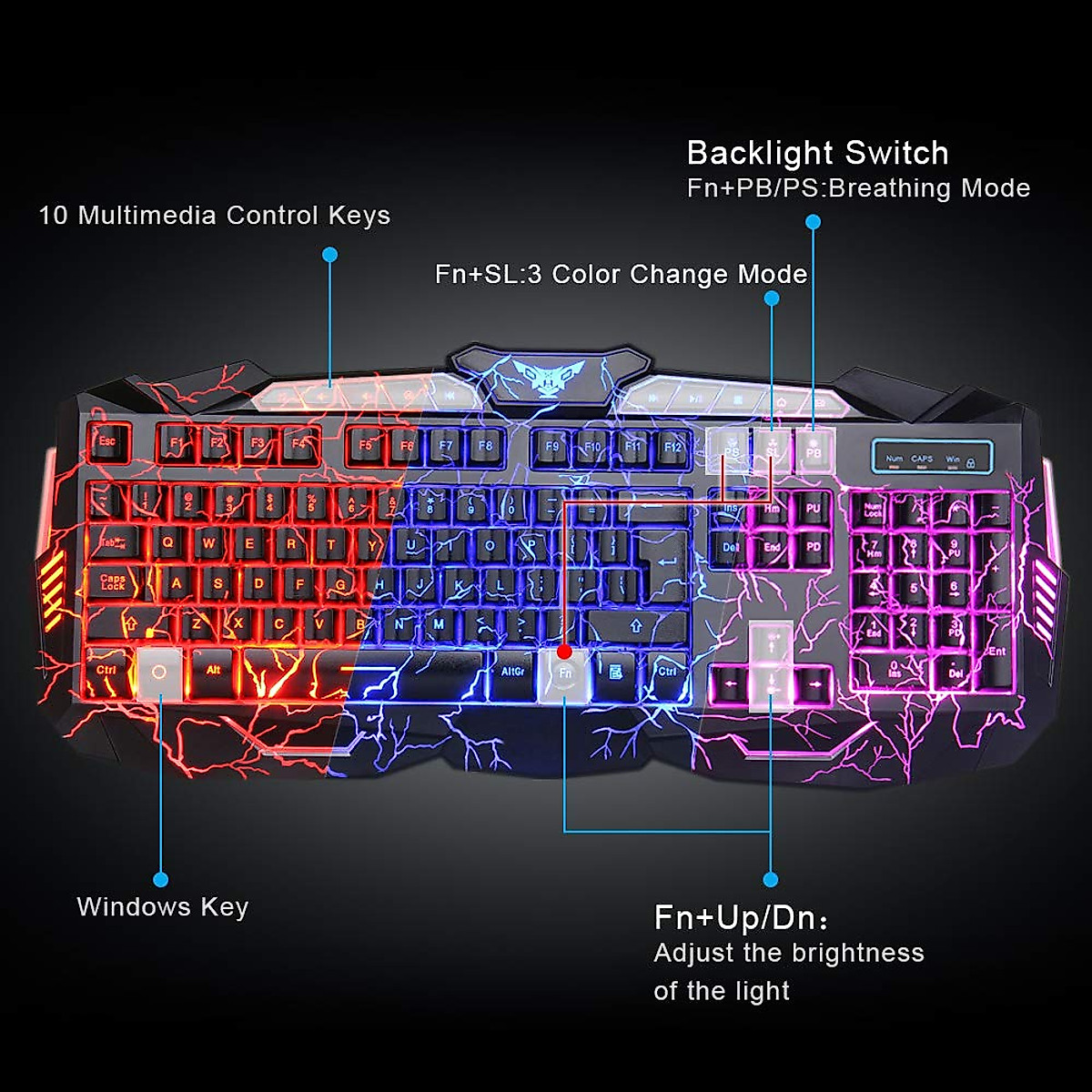 BlueFinger Backlit Gaming Keyboard and Mouse Combo,USB Wired Backlit Keyboard Mouse Game Set,Multimedia Keys,3 Color LED Crack Illumination Keyboard Mouse for Game and Work