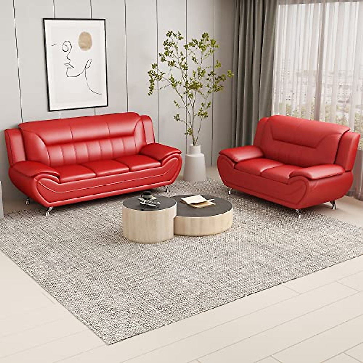 Container Furniture Direct Michael Modern Faux Leather Upholstered Stainless Steel Legs Living Room, Sofa, Persian Red