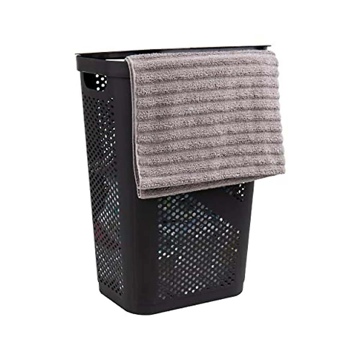 Mind Reader Basket Collection, Slim Laundry Hamper, 60 Liter (15g/33lbs) Capacity, Cut Out Handles, Attached Hinged Lid, Ventilated, Black