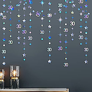 Iridescent 30th Birthday Decorations Number 30 Circle Dot Twinkle Star Garland Metallic Hanging Streamer Bunting Banner Backdrop for Her Dirty 30 Year Old Birthday Thirty Anniversary Party Supplies