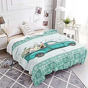 Pinkinco Cute Animals Bunny with Eggs on Truck Blankets, Luxury Cozy Warm Flannel Fleece Throw Blanket, Easter Buffalo Plaid Bedspread for Couch Chair Bed Sofa Travel, 60x80In